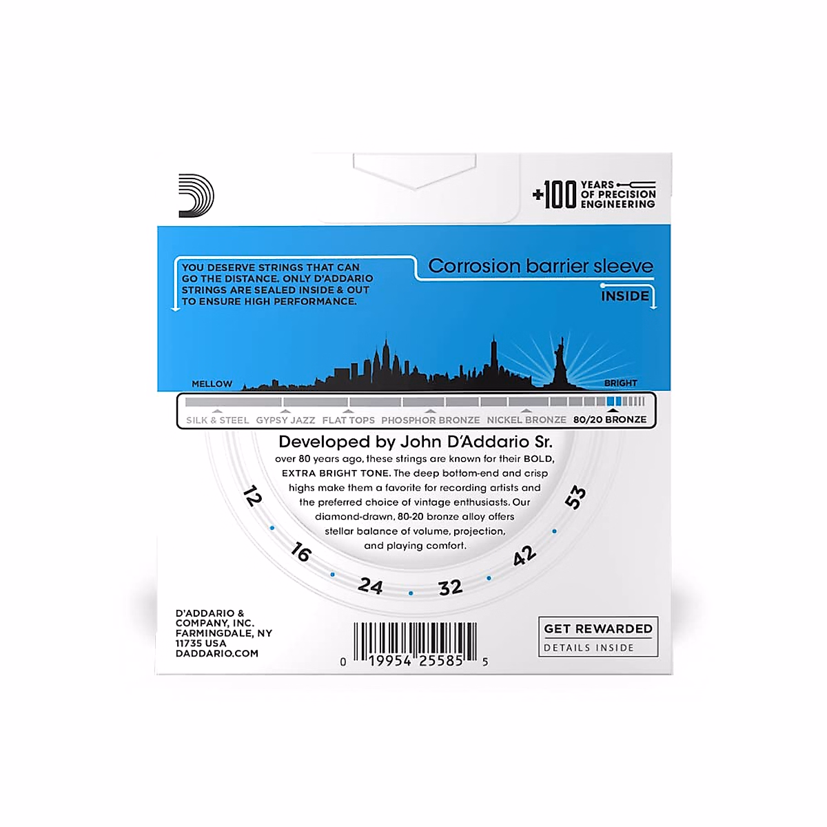 D'Addario EJ11-3D Acoustic Strings 80/20 Bronze 12-53 Light 3-Pack