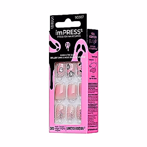 KISS imPRESS Press-On Manicure Halloween, Pink, Short Length, Square Shape, PureFit Technology, Chip Proof, Smudge Proof, Waterproof, Prep Pad, Mini Nail File, Manicure Stick & 30 Fake Nails