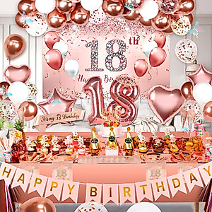 HJINGY 18th Birthday Decorations for Girls, Rose Gold Party Decorations Include Balloons, Backdrop, Curtains, Banner, Sash, Crown, Tablecloth, Plates, Cake Toppers for Women Girls Princess Queen Party