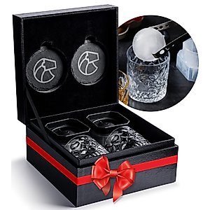LEEBS Whiskey Set - Whiskey Gifts for Men - Whiskey Glasses Set of 2, 2 Large Sphere Ice Molds, 2 Slate Coasters, Gift Box - Bourbon Gifts for Men, Dad, Husband, Birthday, Anniversary, Christmas