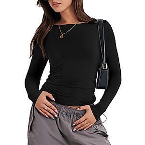 ANRABESS Women’s Long Sleeve Shirts Tight Fitted Going Out Crop Tops Crewneck Basic Tee Y2k Outfits Teens Girls Clothes Black L