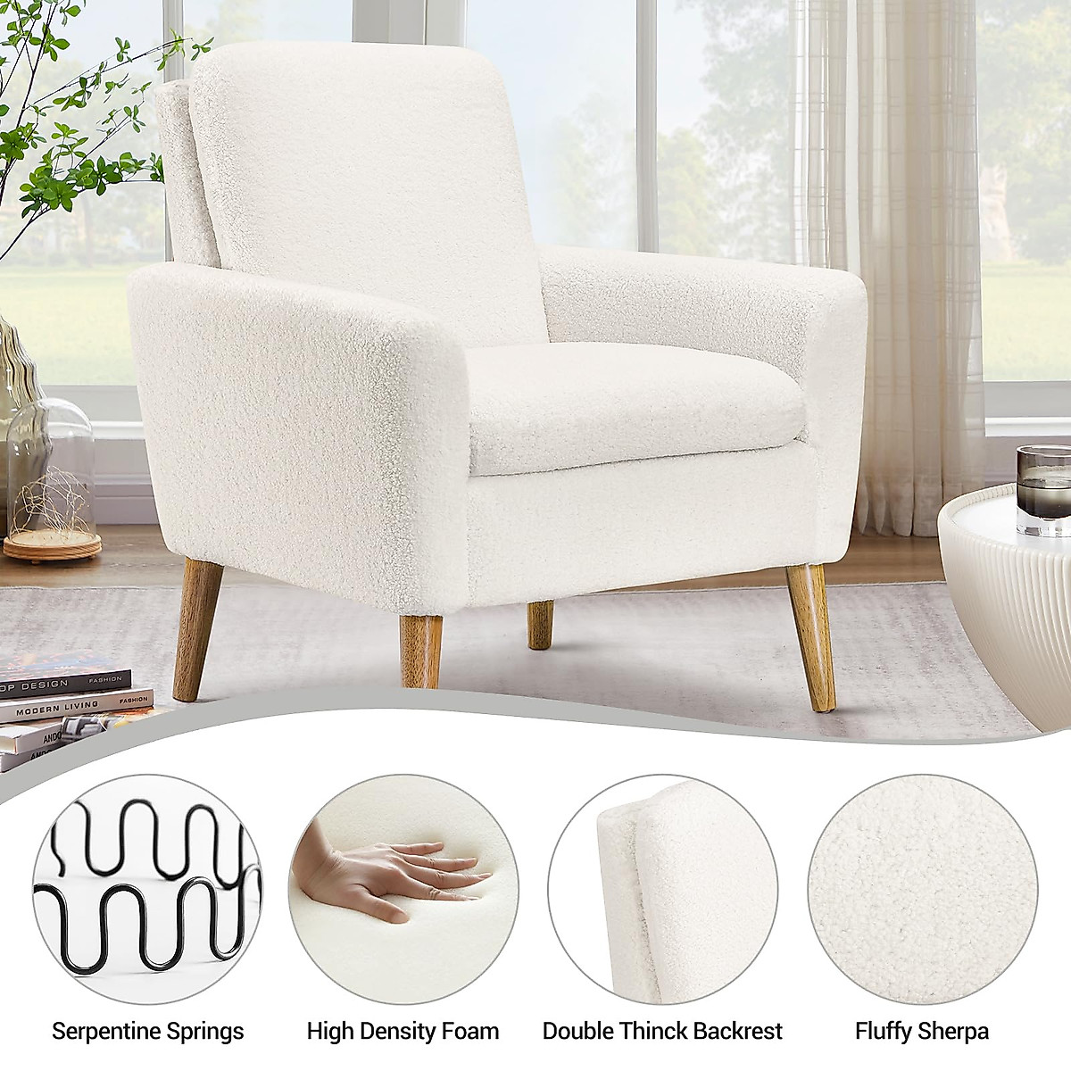 Lohoms Sherpa Accent Chair White Teddy Fabric Upholstered Comfortable Arm Chair Comfy Reading Chairs for Bedroom, Living Room Chair Small Sofa Chair with Wood Legs