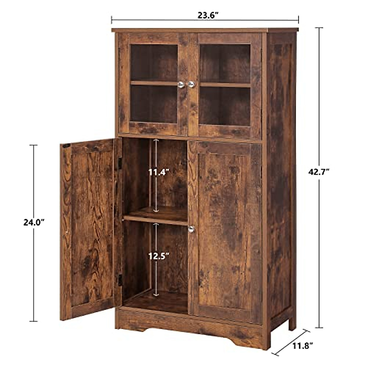 Iwell Storage Cabinet, Bathroom Cabinet with 4 Doors and Adjustable Shelf, Floor Cabinet for Living Room, Bedroom, Home Office, Rustic Brown