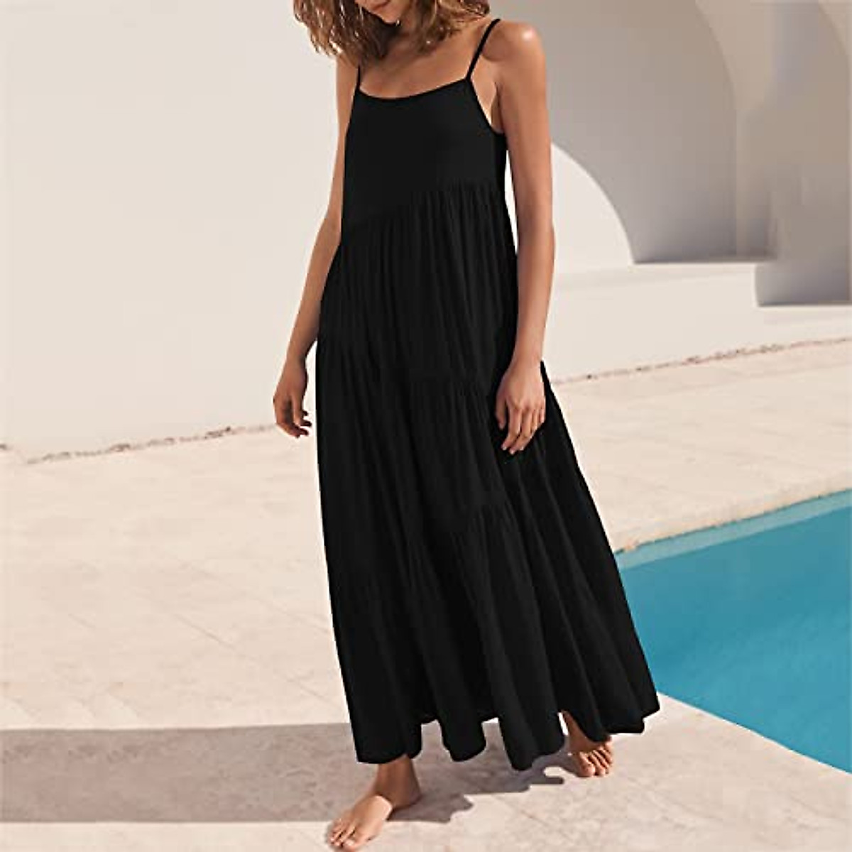 Women’s Summer Casual Loose Sleeveless Spaghetti Strap Asymmetric Tiered Beach Maxi Long Dress (A-Black, XXL)