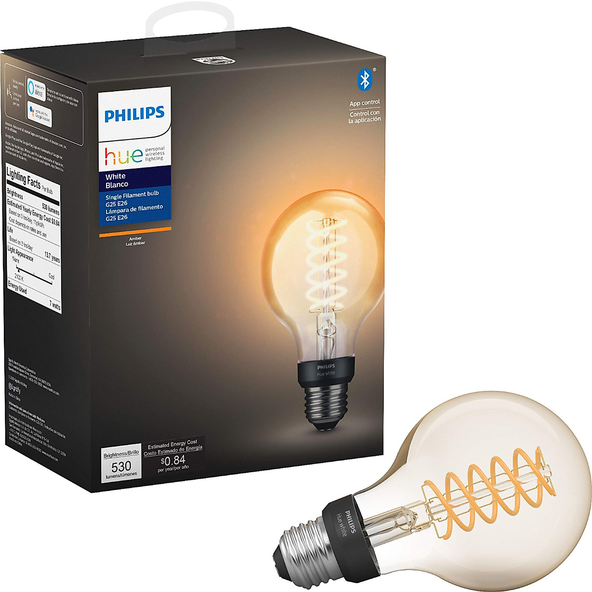 Philips Hue White Filament Globe G25 LED Smart Vintage Bulb, Bluetooth & Hub Compatible (Hue Hub Optional), Voice Activated with Alexa