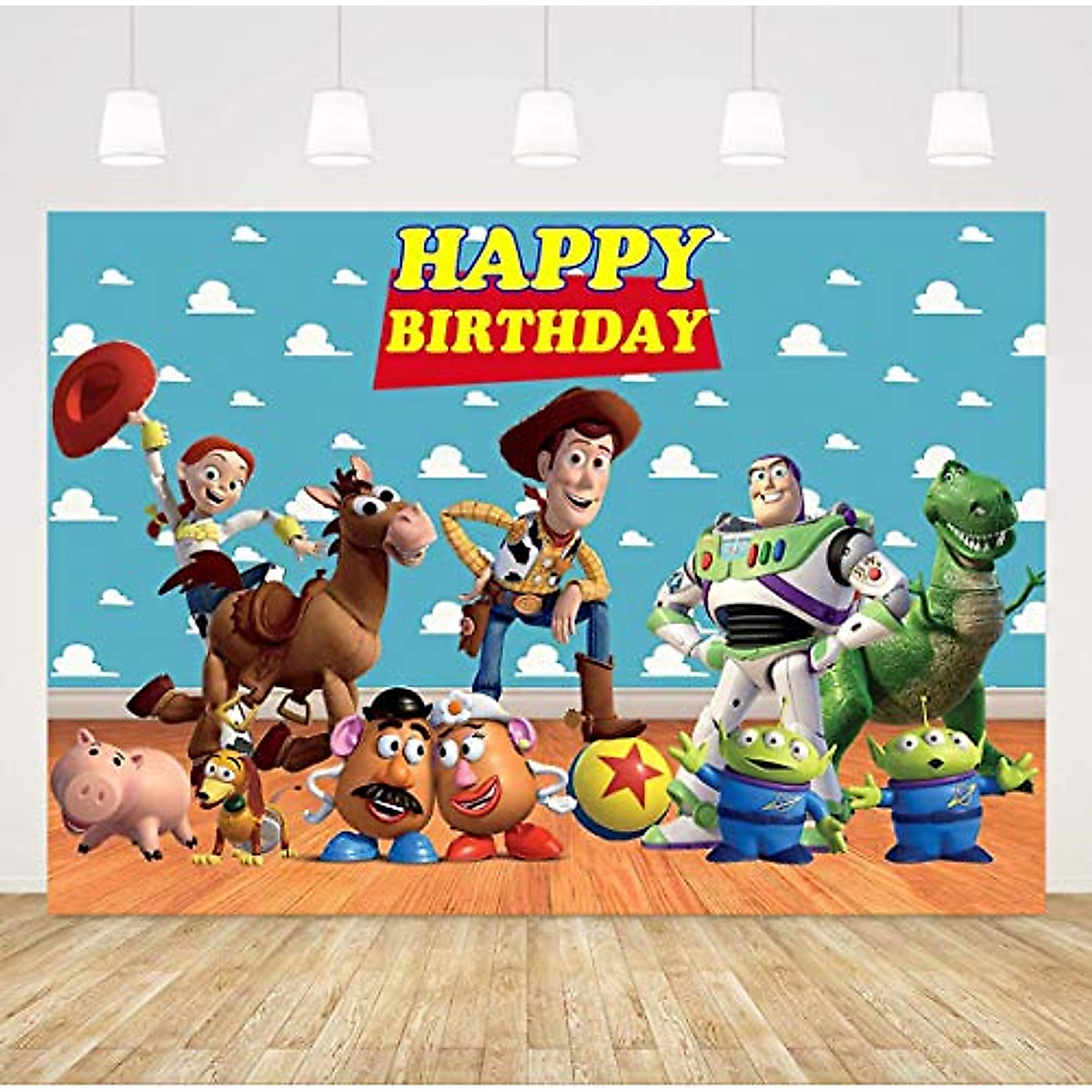 Cartoon Toy Story Birthday Party Theme Photography Backdrops Blue Sky White Clouds Banner Kids Birthday Party Photo Background Cake Table Decoration Supplies Studio Booth Props 5x3ft Vinyl