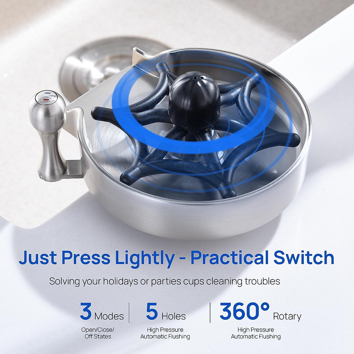 2024 NEW Metal Faucet Glass Rinser for Kitchen Sink - Upgraded Hot and Cold Switching 360° Rotating Cup Washer, Faucet Bottle Cleaner Washer for Sink Attachment, Bar Cup Rinser (Brushed Nickel)