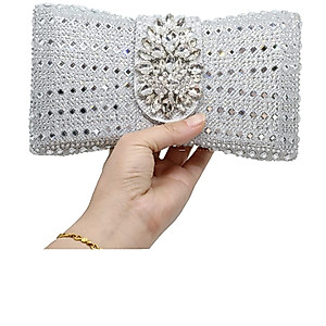 Chaliwini Bow Clutch With Rhinestone Silver Purses for Women Evening Bag Party Flower handbag (Silver)