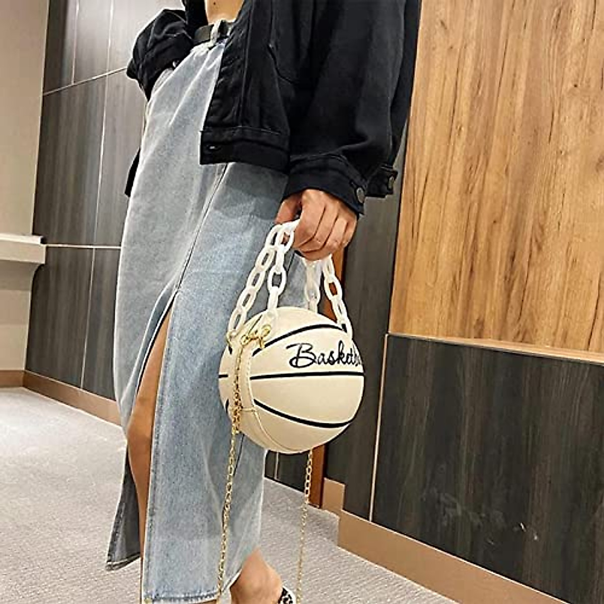 Women Shoulder Bag Chain Basketball Shaped Purse Round Body Handbag Centrifugal Clutch 3/4 (Black, One Size)