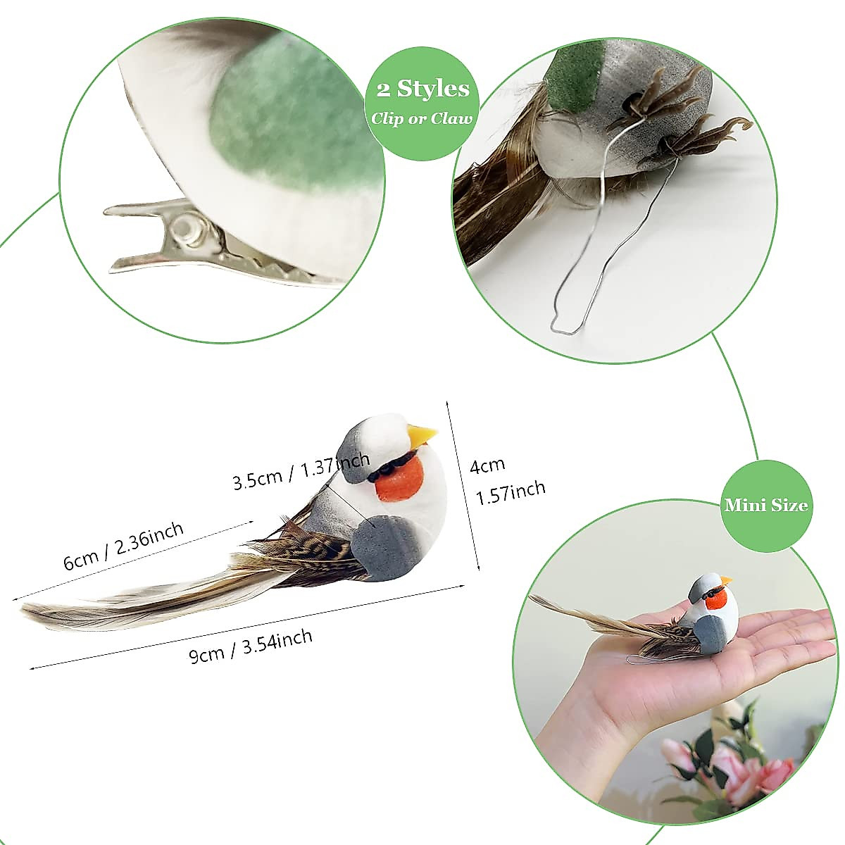 LWINGFLYER 12pcs Artificial Foam Feather Birds Mini Decorative Love Bird Ornaments for Wreaths Craft Christmas Tree Decoration Flower Arrangements 10cm/4inch Claw