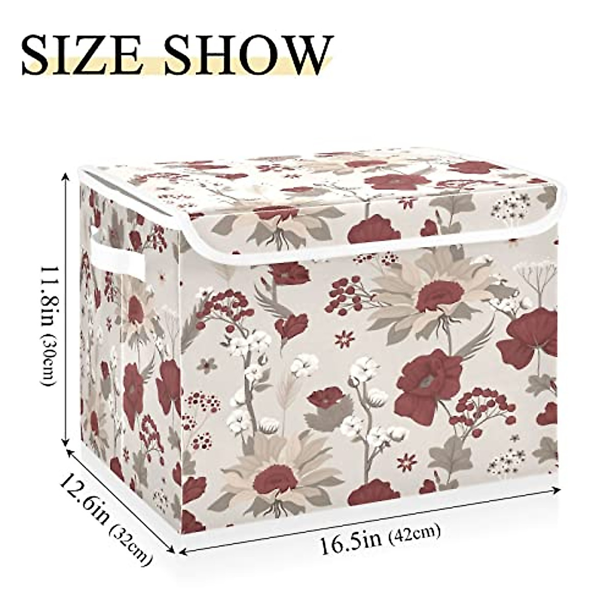 Kigai Vintage Red Flowers Storage Bins with Lids and Handles 17x13x12 In Foldable Fabric Storage Basket Toys Clothes Organizer for Shelves Closet Home Bedroom Office