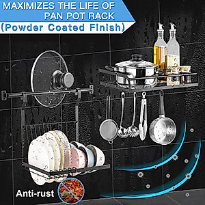 ETECHMART Hanging Pot Rack, 3 in 1 Wall Mounted Pan Holder with 10 Hooks, Heavy Duty Dish Rack Cookware Organizer, Kitchen Storage Shelf for Utensils, 2 Installation Way, Easy Assembly, Black