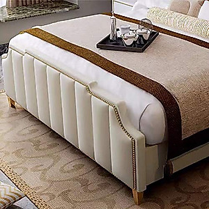 LeiJinNuo Queen Platform Bed Frame Upholstered Full Size Platform Bed Frame with Fabric Upholstered Square Stitched Headboard and Wooden Slats/Mattress Foundation/No Box Spring Needed/Easy Assembly