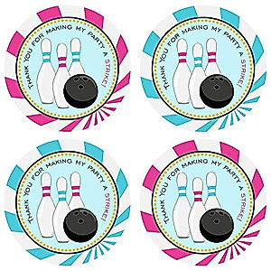 Girl Bowling Party Thank You Sticker Labels by Adore By Nat - Kids Entertainment Sports Birthday Favors- Set of 30