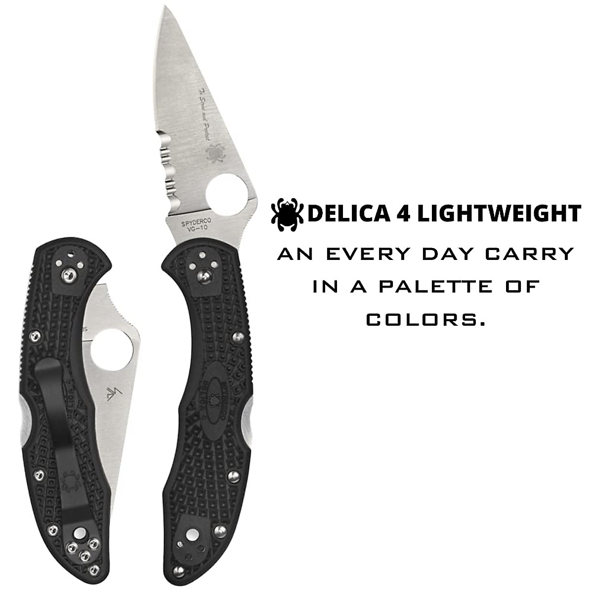 Spyderco Delica 4 Lightweight Knife with Flat Ground Steel Blade and Tunnel to Towers Black FRN Handle - CombinationEdge - C11FPSBKBL