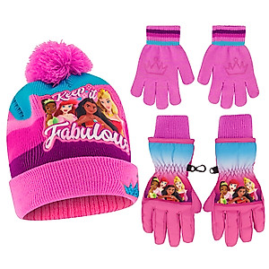 Disney Girls Winter Hat with Knit Gloves and Insulated Ski Glove Set, Princess For Ages 4-7