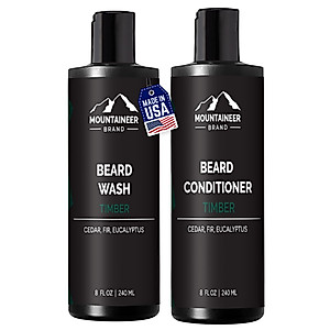 Mountaineer Brand Beard Wash and Conditioner for Men | Beard Shampoo/Beard Conditioner Set | Deep Cleans | Leaves Hair Soft and Hydrated | Timber Scent | 2 Count | 8oz