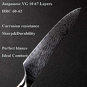 FANTECK Chef Knife 8 Inch Professional Damascus Chef Knife High Carbon 67 Layers VG-10 Damascus Knife Stainless Steel Ultra Sharp Blade Kitchen Meat Cutting Knife [Gift Box]-Ergonomic Rose Wood Handle