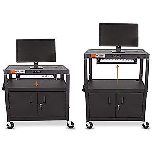 Line Leader Large AV Cart with Locking Cabinet | Height Adjustable Utility Cart | Includes Pullout Keyboard Tray & Cord Management | Easy Assembly (32in x 18in x 42in / Black)