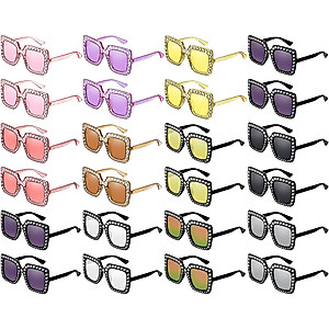 Weewooday 24 Pairs Disco Rhinestone Sunglasses for Women 70s Oversized Square Diamond Bling Bling Glasses Bulk Sparkling Sequin Sunglasses for Teen Oversized Glasses Retro Party