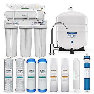 Max Water 5 Stage 50 GPD (Gallon Per Day) RO (Reverse Osmosis) Standard Water Filtration System - Under-Sink/Wall Mount (with Tank, Faucet-B & Replacement Filters (White)) - Model : RO-5W1