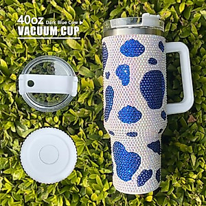Cupcupmore 40oz Dark Blue Cow Bling Rhinestone Stainless Steel Sippy Tumbler Glitter Vacuum Insulated Water Bottle with Straw & Lid & Handle,Thermos for Hot & Cold Drinks,Car Cup Holder,Coffee