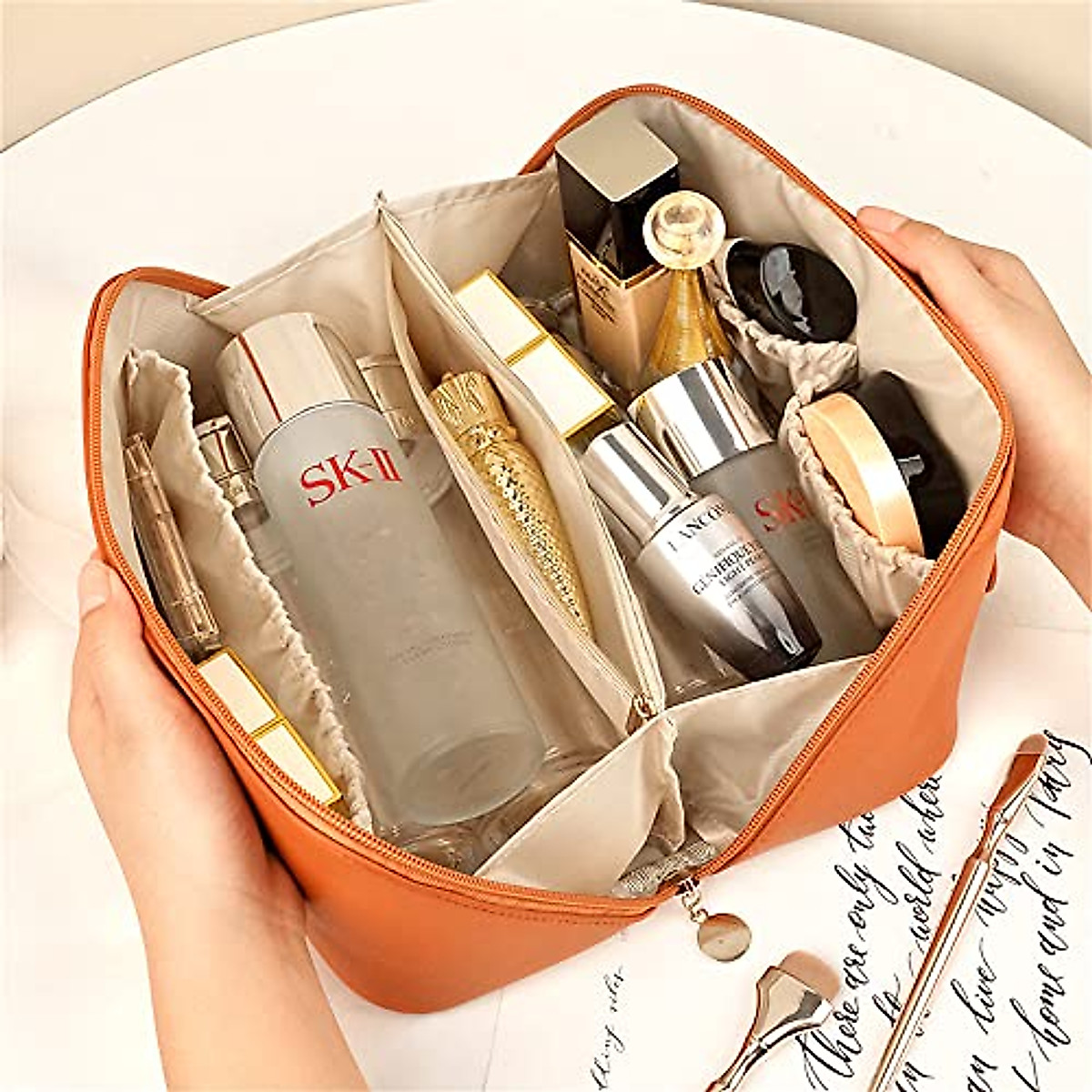 KIMBURG Large Capacity Travel Makeup Bag Portable Travel Cosmetic Bag for Women,Makeup Organizer Storage Cases Toiletry Bag Waterproof Bathroom Bag for Girls With Handle and Divider(Brown)