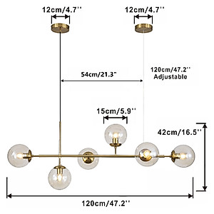 KCO Lighting Globe Linear Chandelier 6 Light Amber Glass Pendant Light Fixture Gold Kitchen Island Chandelier Lighting Long Brass Sputnik Chandelier Dining Room Ceiling Lights