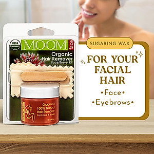 MOOM - Facial Sugaring Wax Travel Kit, Hair Removal for Chin, Eyebrows & Upper Lip - Made with Aloe Vera & Tea Tree Oil - Includes 1.6oz Jar, 6 Reusable Fabric Strips & 2 Wax Applicator Sticks