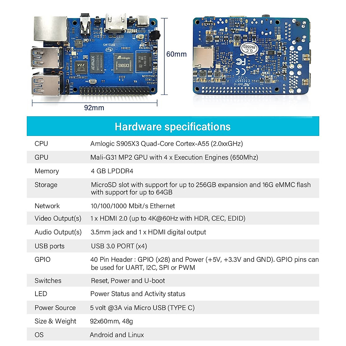 Banana Pi BPI-M5 Amlogic S905X3 Single Board Computer with LPDDR4 4GB RAM and 16GB eMMC Storage for AIOT Support Android Debian Raspbian Armbian
