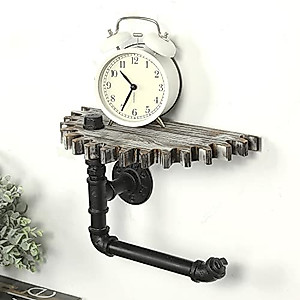 MyGift Wall Mounted Torched Wood Small Floating Shelf with Steampunk Gear Design and Realistic Industrial Metal Pipe Wall Bracket, Hanging Display Shelf Rack