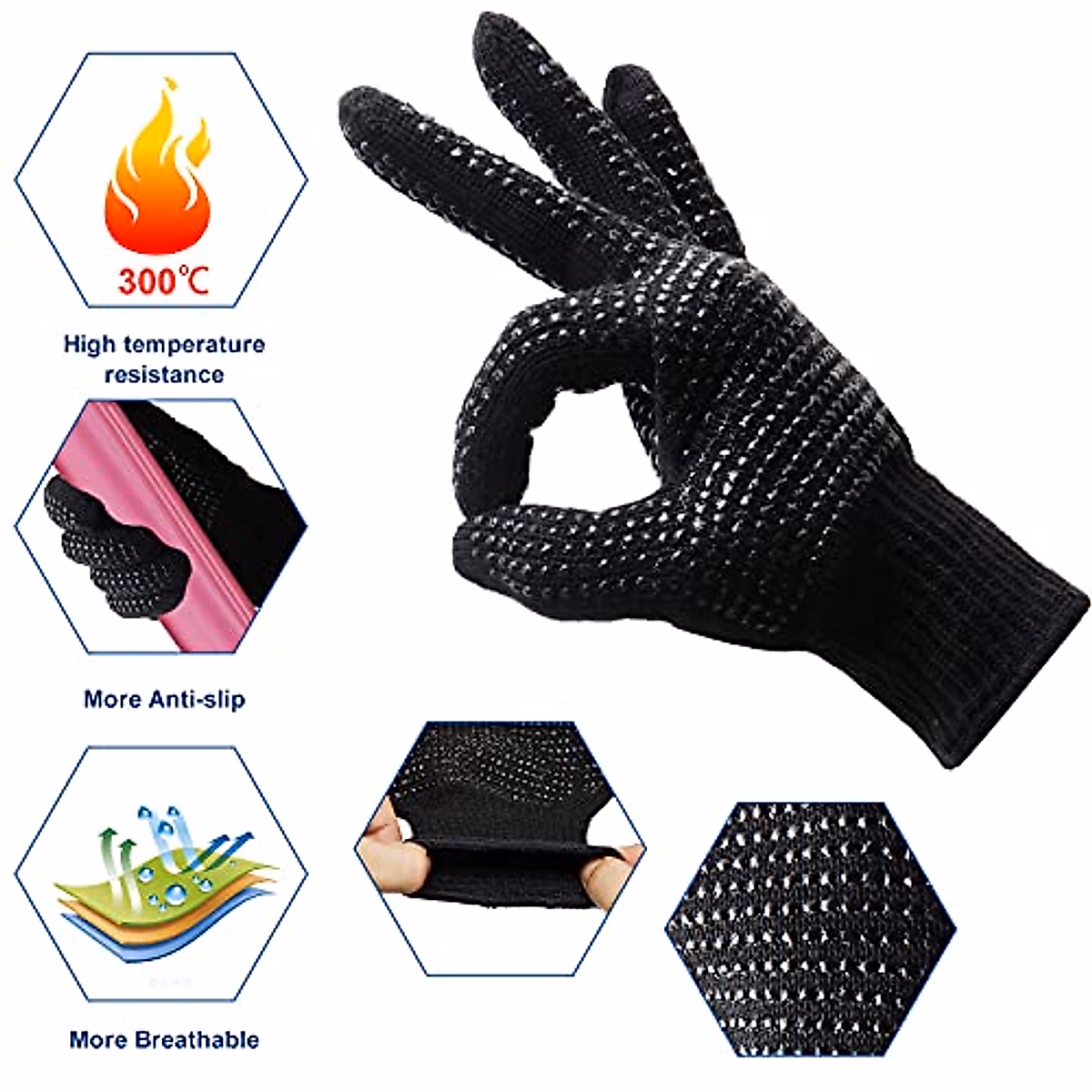 Heat Gloves for Hair Styling,2 Pcs Heat Resistant Gloves with Silicone Bumps,Professional Heat Proof Glove Mitts Heat Blocking for Curling Iron Wand Flat Iron,Hair Styling Tools,Universal Size(Black)