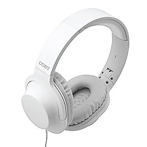 Coby Super Bass Stereo Wired Headphones, Adjustable Headband | 3.5 mm Stereo Plug w/Remote| On Ear Wired Headset, Over Ear Headphone | One-Touch Answer Button with Built-in Mic (White)