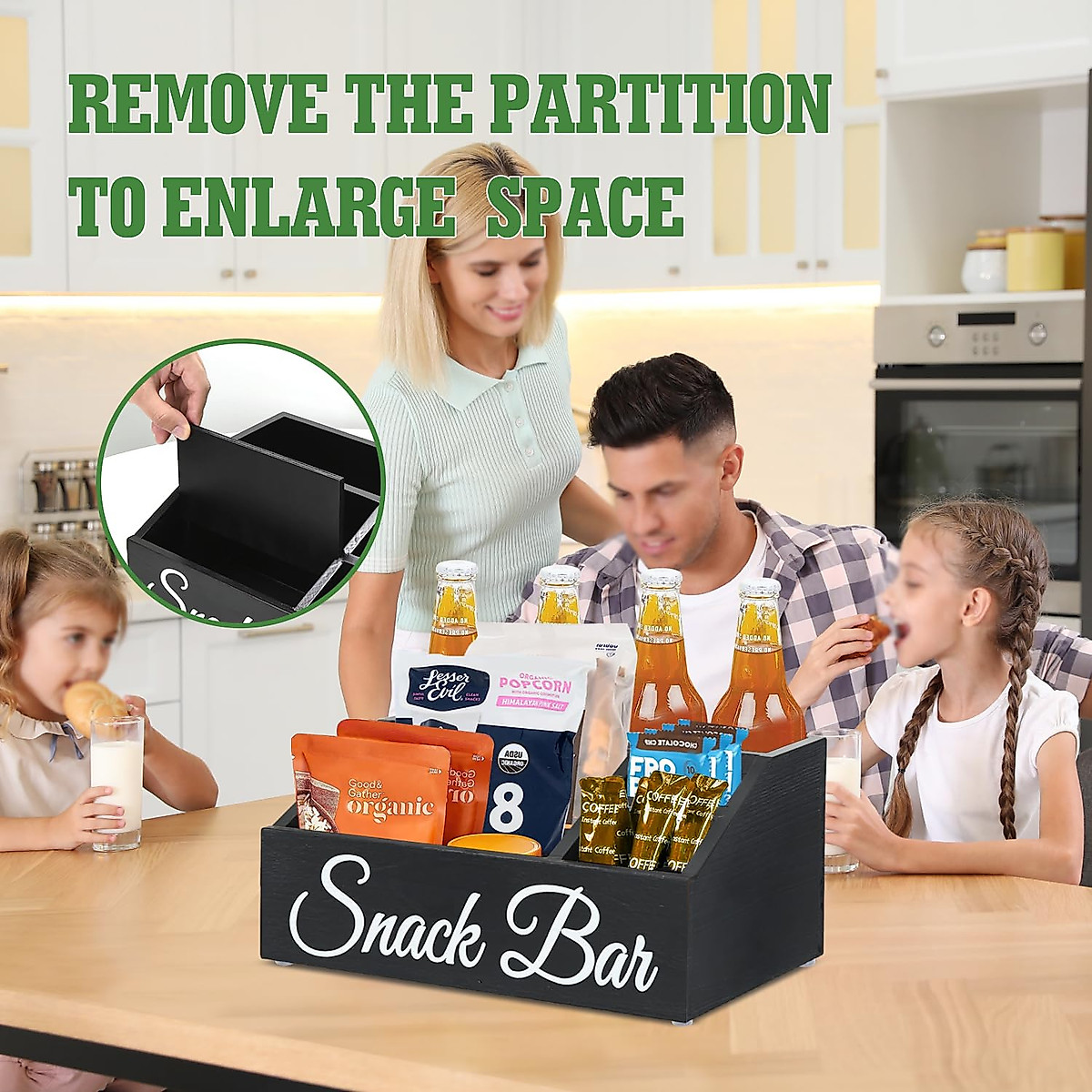 Snack Organizer for Countertop, Wooden Snack Tray and Food Storage Organizer Bins, Large 5-Compartment Snack Basket for Pantry, Kitchen Cabinet Pantry Organizer and Storage Bins for Snacks, Packets