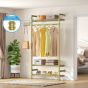 Timate F1 Pipe Clothes Rack Wall Mount Heavy Duty Closet Organizer System Hanging Closet Rack for Clothes, Closet Kit Walk in Closet Systems, Adjustable Storage Closet Shelves Wardrobe Closet, Gold