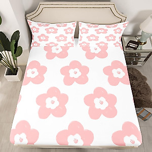 Pink Floral Fitted Sheet Daisy Flower Bed Sheet Set for Kids Children Teens 3D Sunflower Pink White Bed Cover Toddler Bedroom Decor,Twin Size