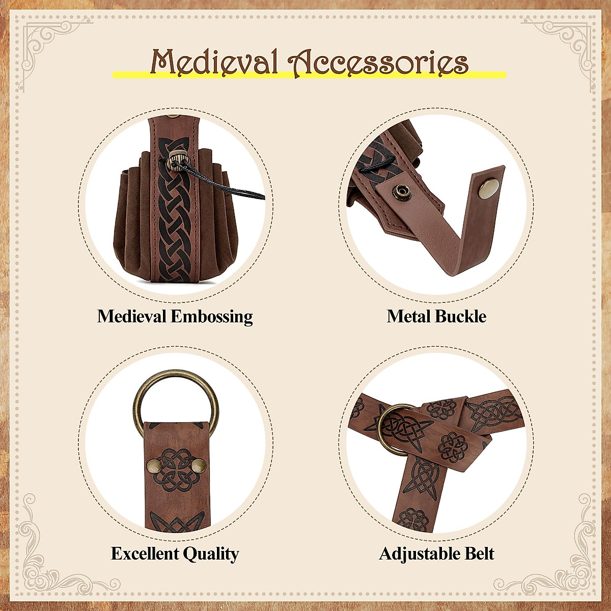 2 Pcs Medieval Belt Renaissance Belt Renaissance Accessories Medieval Ren Faire Costume Viking Belt Leather Belt Pouch Medieval Bag Brown-Retro