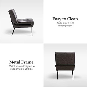 eLuxurySupply Armless Accent Chair | Upholstered Modern Living Room Chair with Metal Frame and Elegant Pintucking | Premium, Comfortable High Density Foam Cushion | Easy Assembly | Faux Black Leather