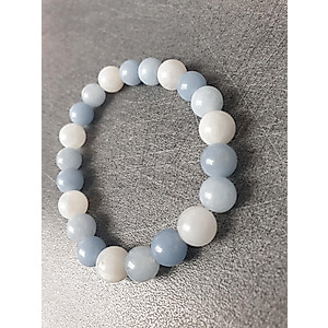 LKBEADS Natural Angelite, Aquamarine & Moonstone 10mm rondelle smooth 7inch Semi-Precious Gemstones Beaded Bracelets for Men Women Healing Crystal Stretch Beaded Bracelet Unisex