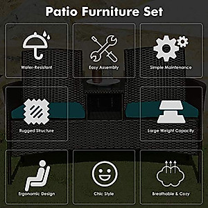 Tangkula Outdoor Rattan Loveseat, Patio Conversation Set with Cushions & Table, Modern Patio Furniture Set Wicker Sofa Set with Built-in Coffee Table, Rattan Sofas for Garden Lawn Backyard