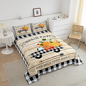 Homewish Pumpkin Grid Truck Bedding Set Queen Size,Rustic Farmhouse Comforter Set Kids Boys Girls Room Decor,Autumn Plants Themed Quilt Set Halloween Style Duvet Insert 3pcs with 2 Pillowcases