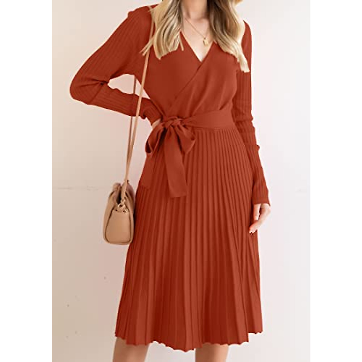 ZESICA Women's 2023 Fall Long Sleeve Wrap V Neck Ribbed Knit Pleated A Line Pullover Sweater Dress with Belt,Rust,Large