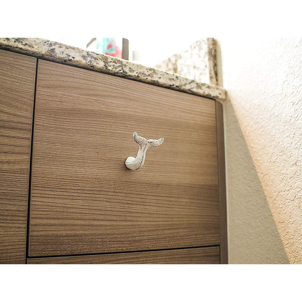 Zeckos Set of 12 Distressed White Cast Iron Whale Tail Drawer Pulls Decorative Bathroom Cabinet Knobs Coastal Kitchen Handle Decor Accessories - 2.25 Inches Long