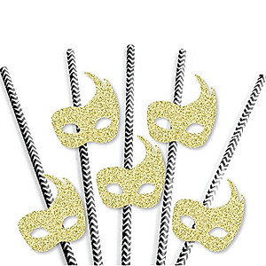 Big Dot of Happiness Gold Glitter Masks Party Straws - No-Mess Real Gold Glitter Cut-Outs & Decorative Masquerade Mardi Gras Party Paper Straws - Set of 24