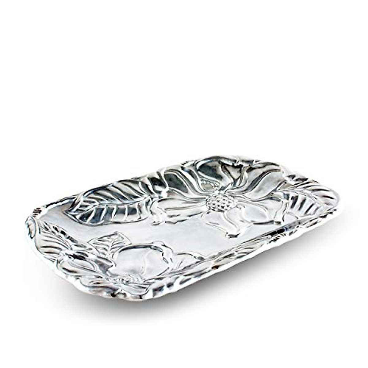 Arthur Court Designs Aluminum Southern Magnolia Flower Food Service Tray, Desktop Storage Organizer, Catchall, Valet, Nightstand or Dresser Hand Polished 9.5 inch Long