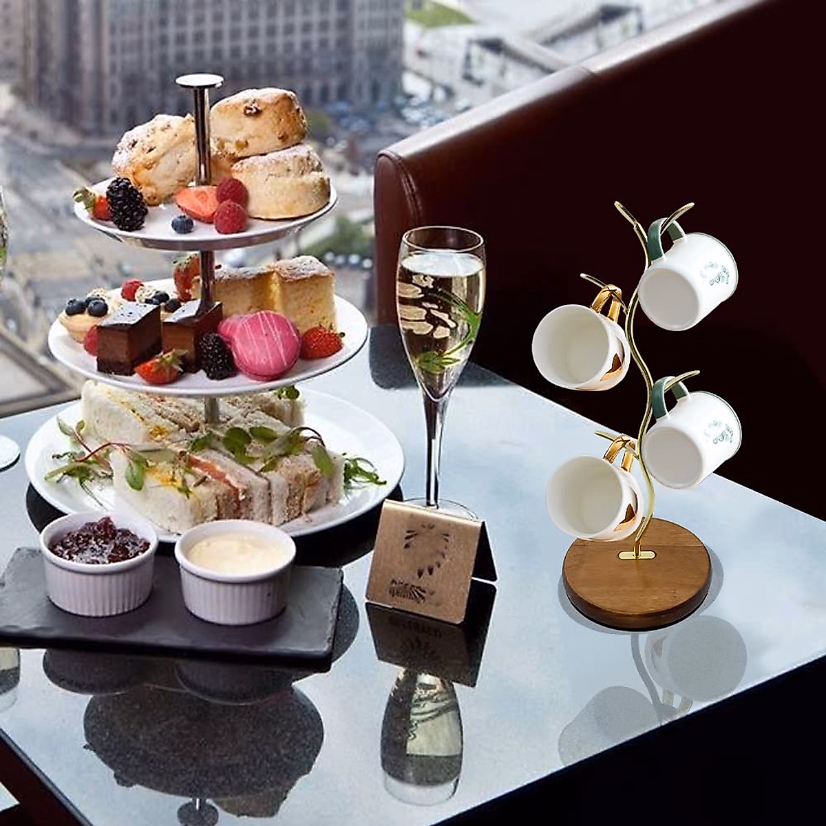 Mug Holder Stand, Countertop Mug Tree, Coffee Pod Holder with Mug Rack , Coffee Counter Bar Accessory & Kitchen Organizer (Single Row-Golden)