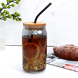 Ufrount Glass Cups Set of 6,16 OZ Drinking Glasses with Lids and Straws,Gray Glass Coffee Cups,Cute Iced Coffee Glasses for Cocktail,Whiskey,Juice