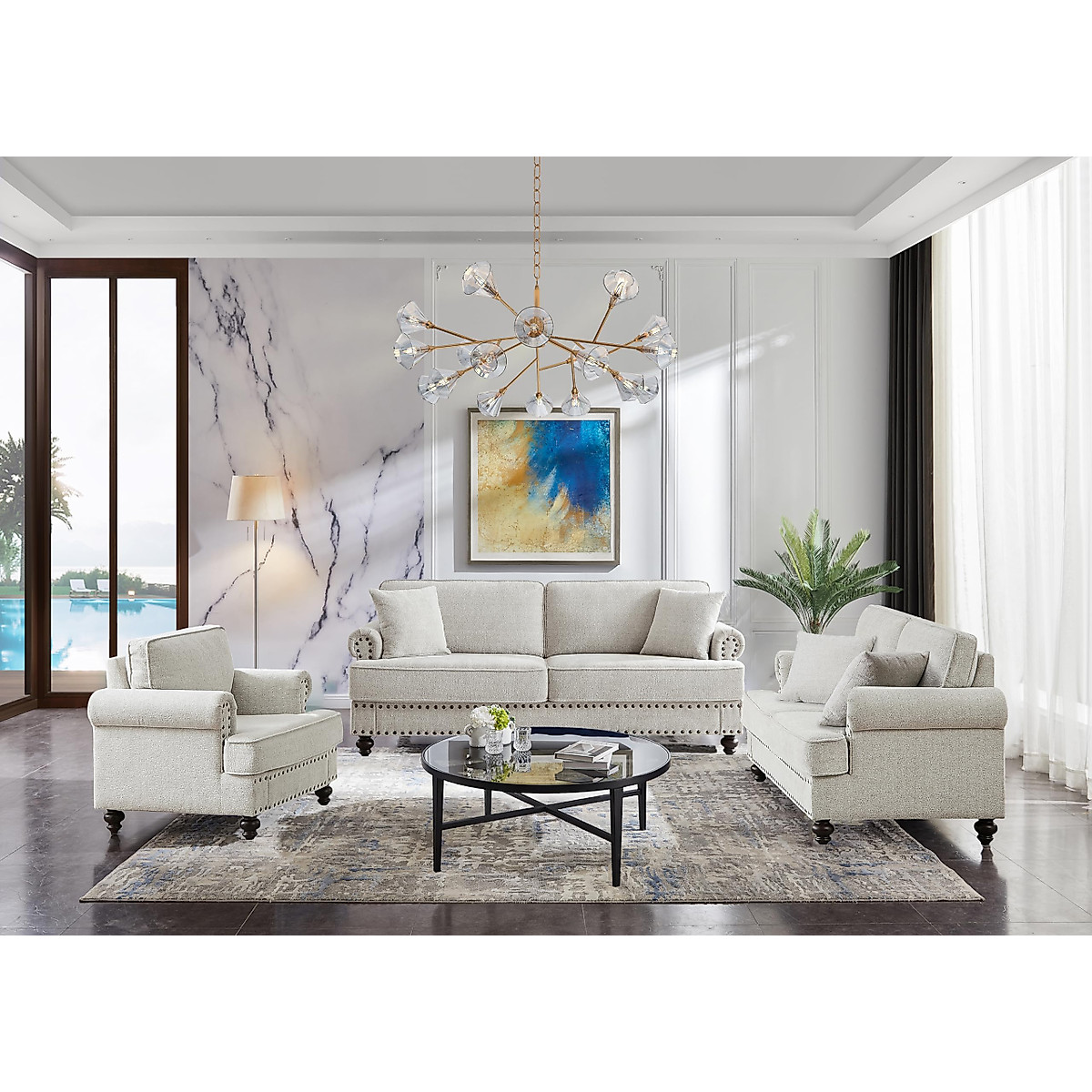 Asucoora Rolled Arm Chenille Upholstered Loveseat, 2-Seater Sofa Couch with Nailhead Trim and 2 Pillows Gray