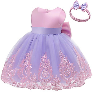 Baby Girls Easter Lace Dresses Toddler Tulle Ruffles Christmas Formal Dress with Headwear(Purple+Pink,80)