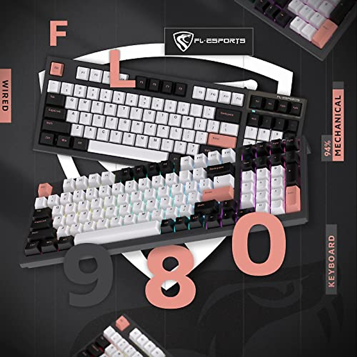 FL ESPORTS FL980 96% 1800 Layout Wired Mechanical Keyboard, 98 Keys RGB Hot Swappable Programmable Gaming Keyboard w/Light Tactile Kailh Box White Switches, Durable PBT Keycaps, (Olivia)